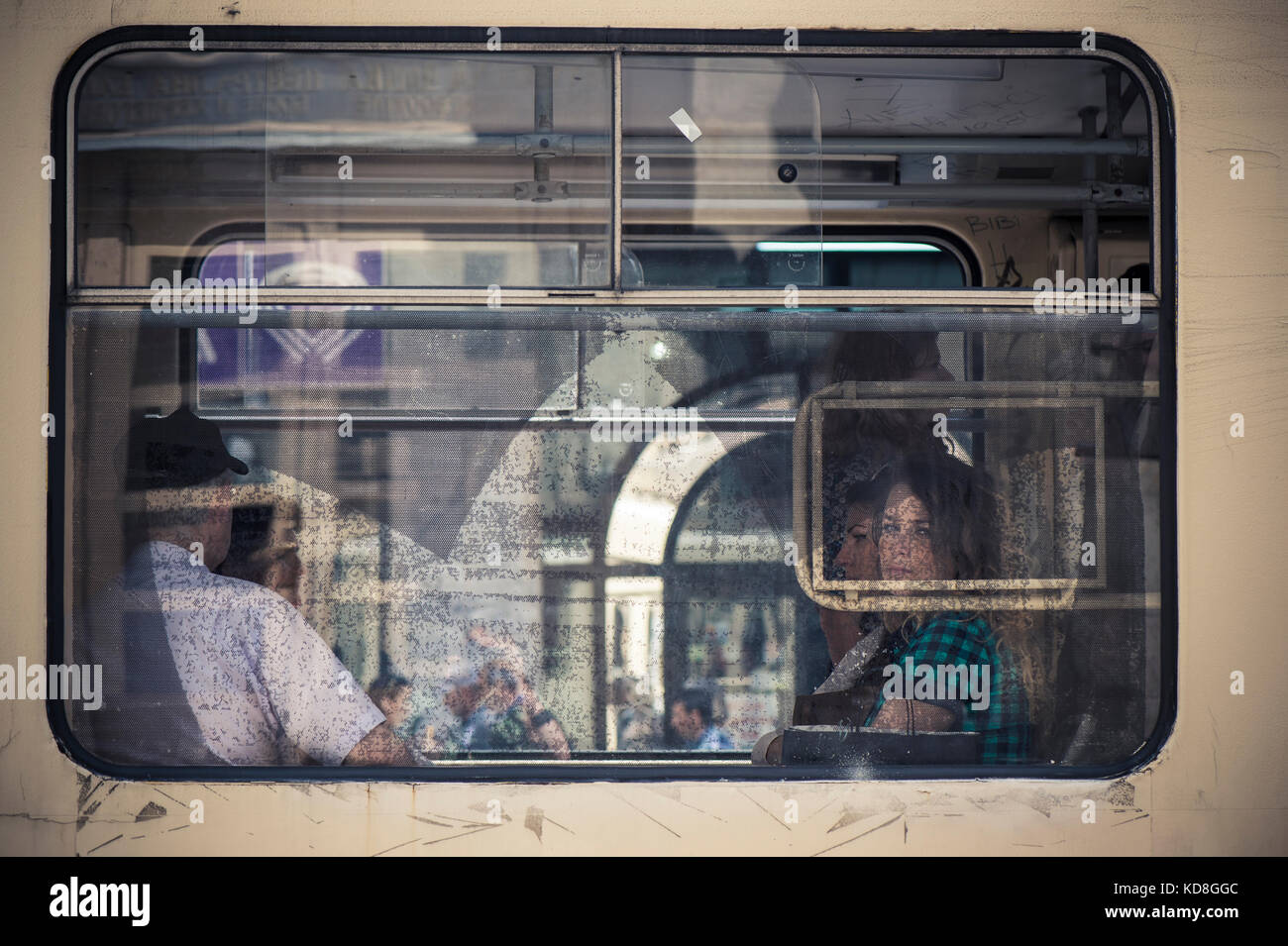 The trammay crosses the city by the sniper Alley. Sarajevo 2015. Le ...