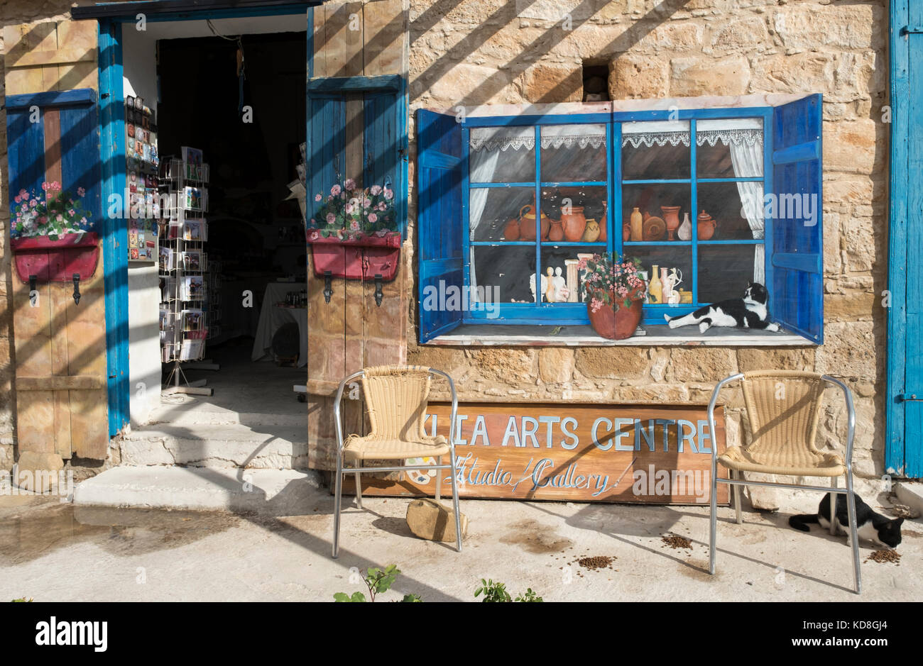 Colourful facade of an arts centre in Kouklia village, Paphos district ...