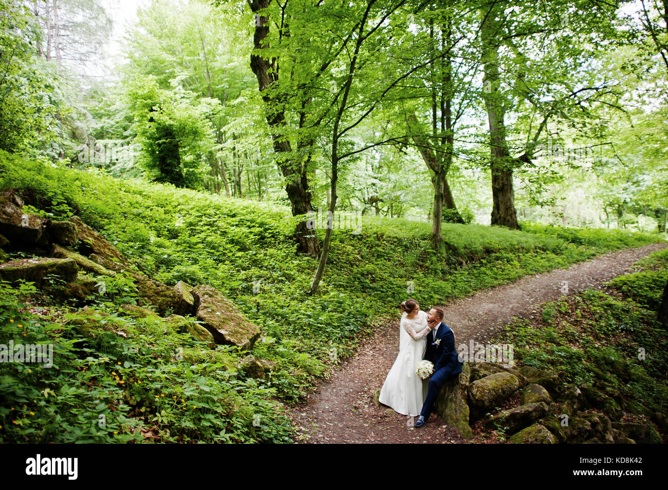 Magnificent bride sitting on a lap of her husband in the forest on a ...