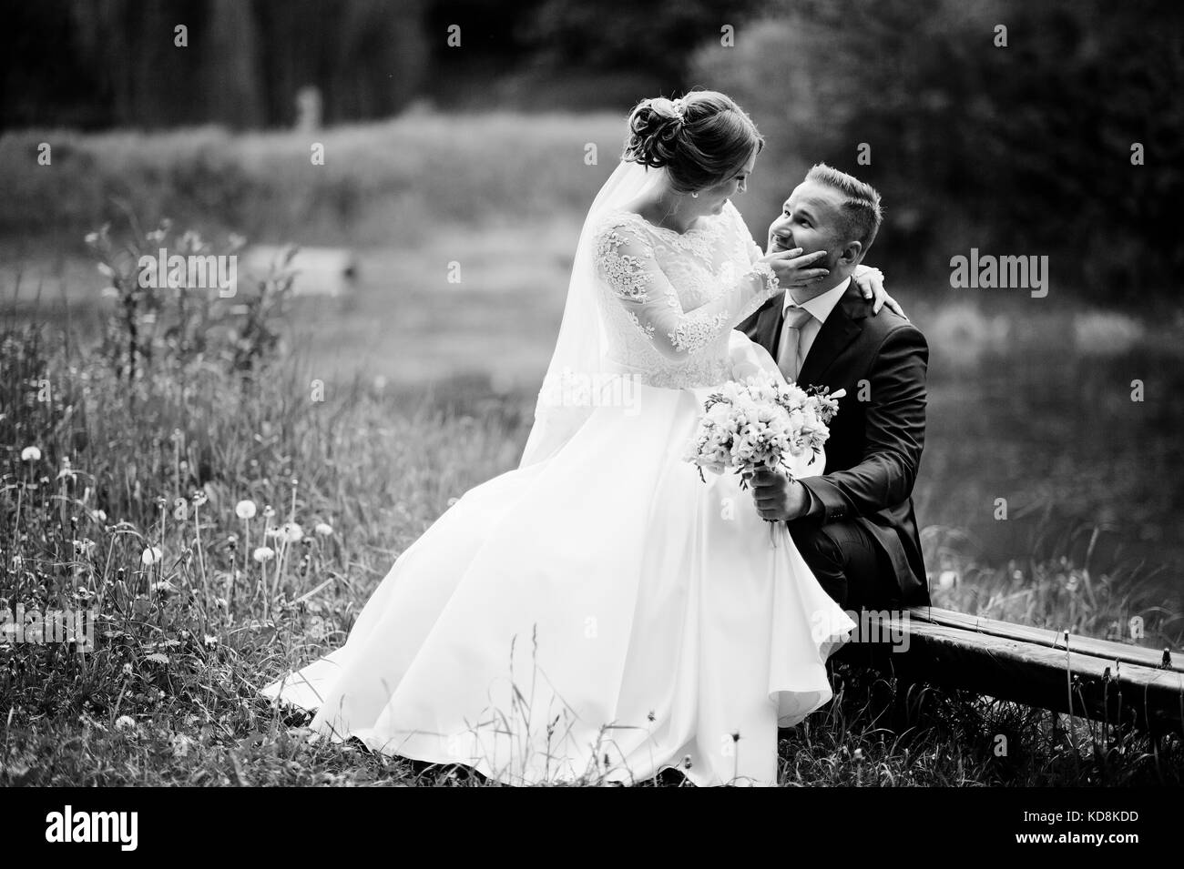 Fantastic bride sitting on a groom's lap in the meadow next to the lake ...