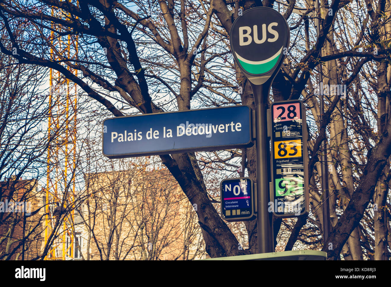 PARIS, FRANCE - October 07, 2017 : sign of the bus station Palais de la ...