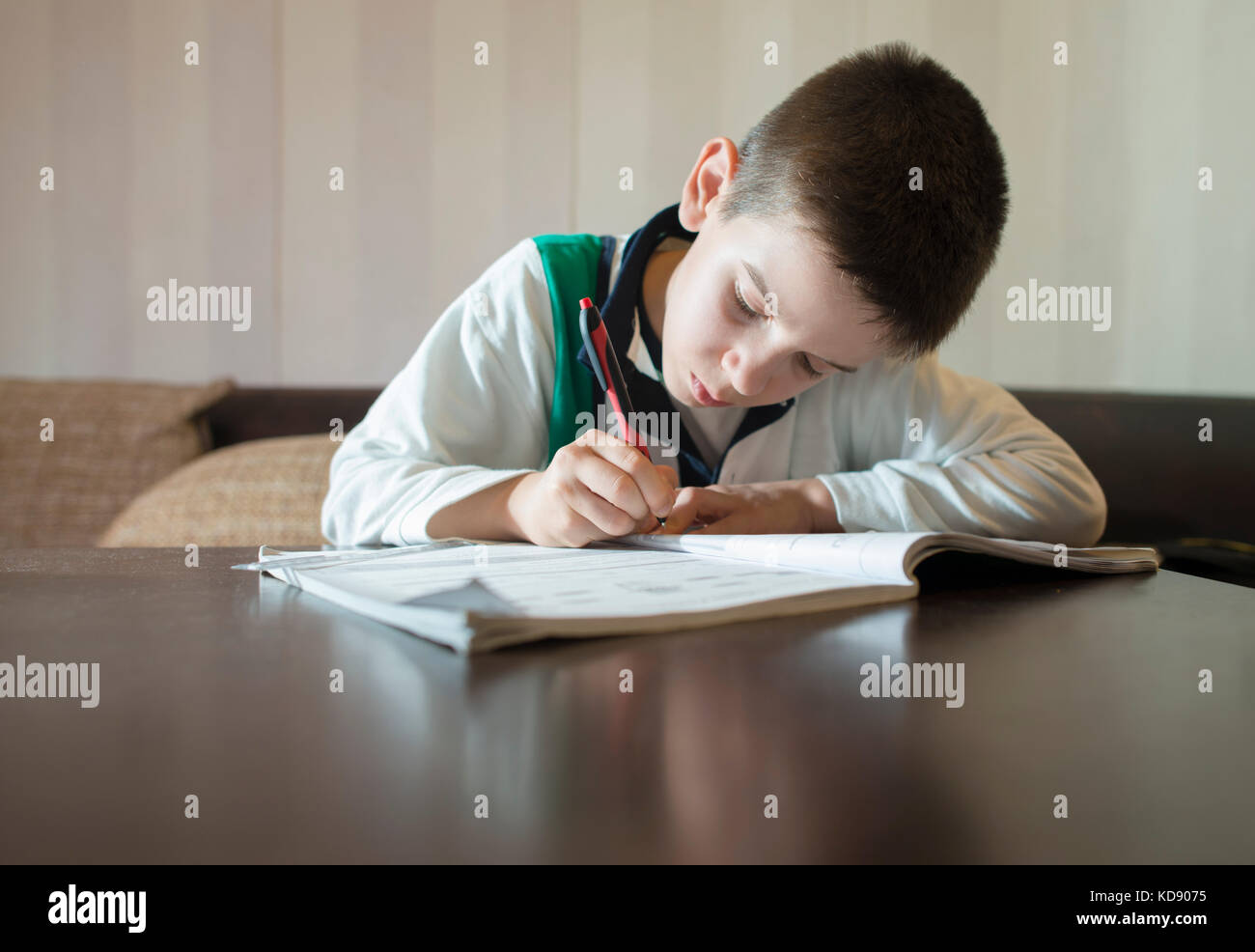 Child do his homework. Notebook for mathematic. Hand hold pen. Boy ...
