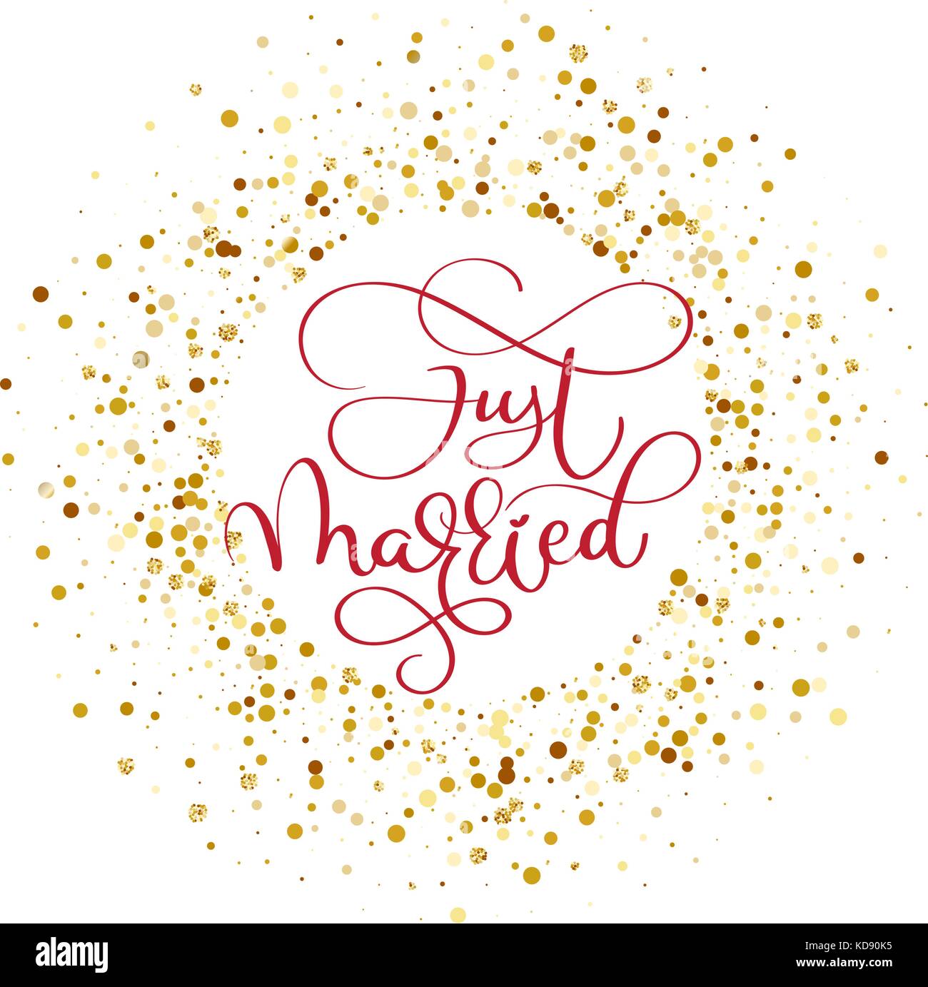 Just married hand lettering with hearts background for wedding cards ...
