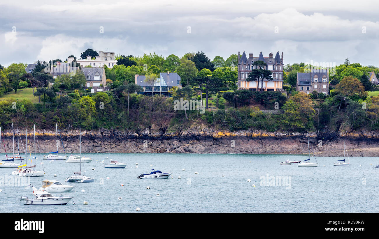 View of Dinard city with coastline full of boats. Brittany, France ...