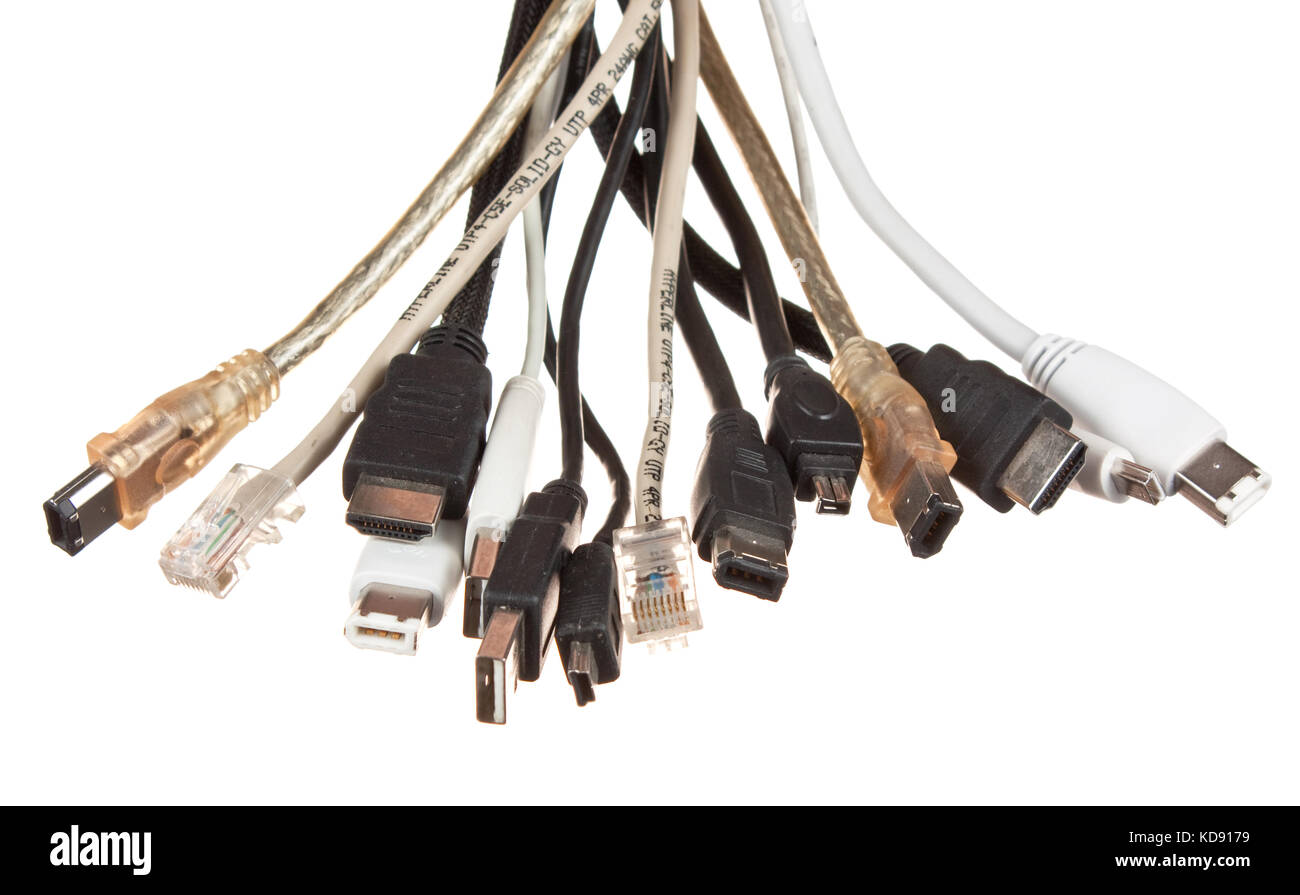 bunch of computer cables with sockets isolated on a white background ...