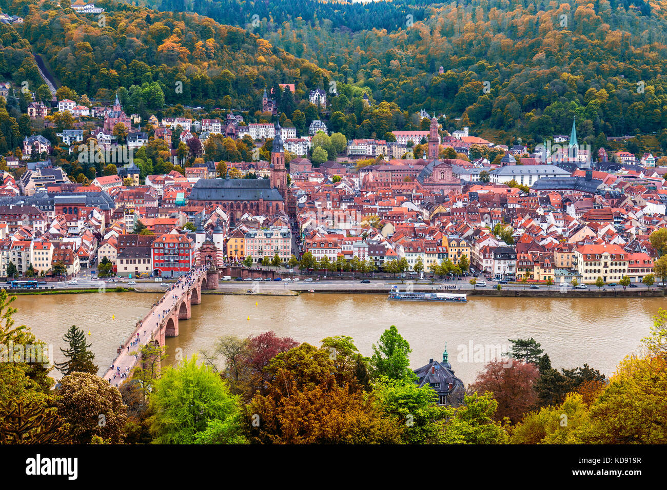 View on Heidelberg in autumn with red foliage including Carl Theodor ...