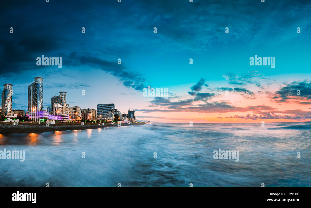 Batumi, Adjara, Georgia. Panorama Of Illuminated Resort Town At Sunset ...