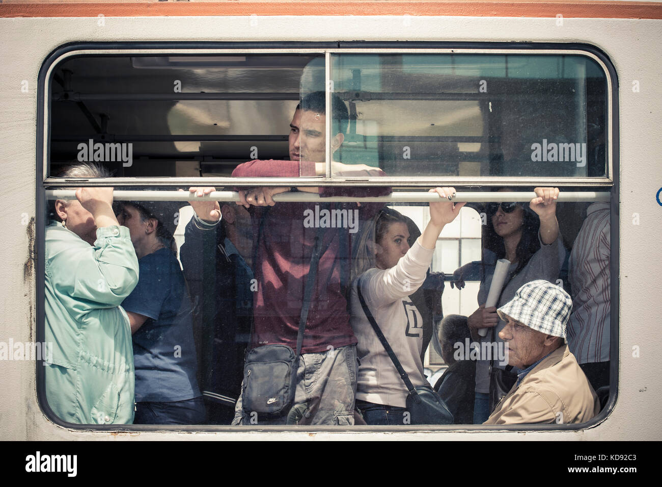 The trammay crosses the city by the sniper Alley. Sarajevo 2015. Le ...