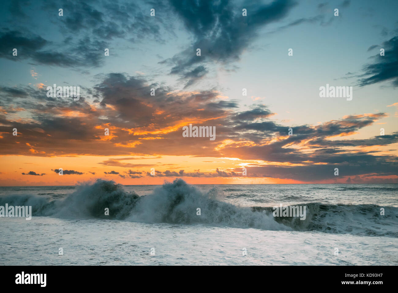 Sea Or Ocean Waves During Storm Colorful Sunset Or Sunrise Sky ...