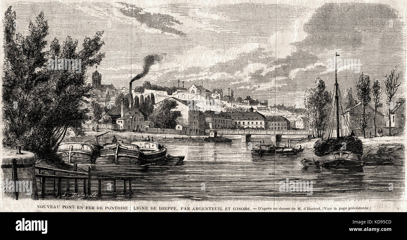 Illustration 1862 engraving New iron bridge of Pontoise. line of Dieppe ...