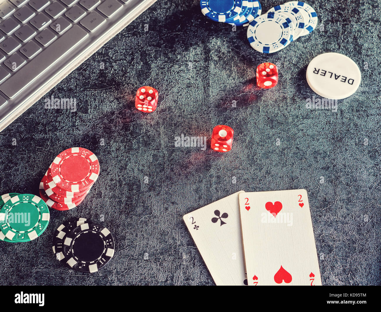 Set of poker chip or counter with card, dice computer Stock Photo - Alamy
