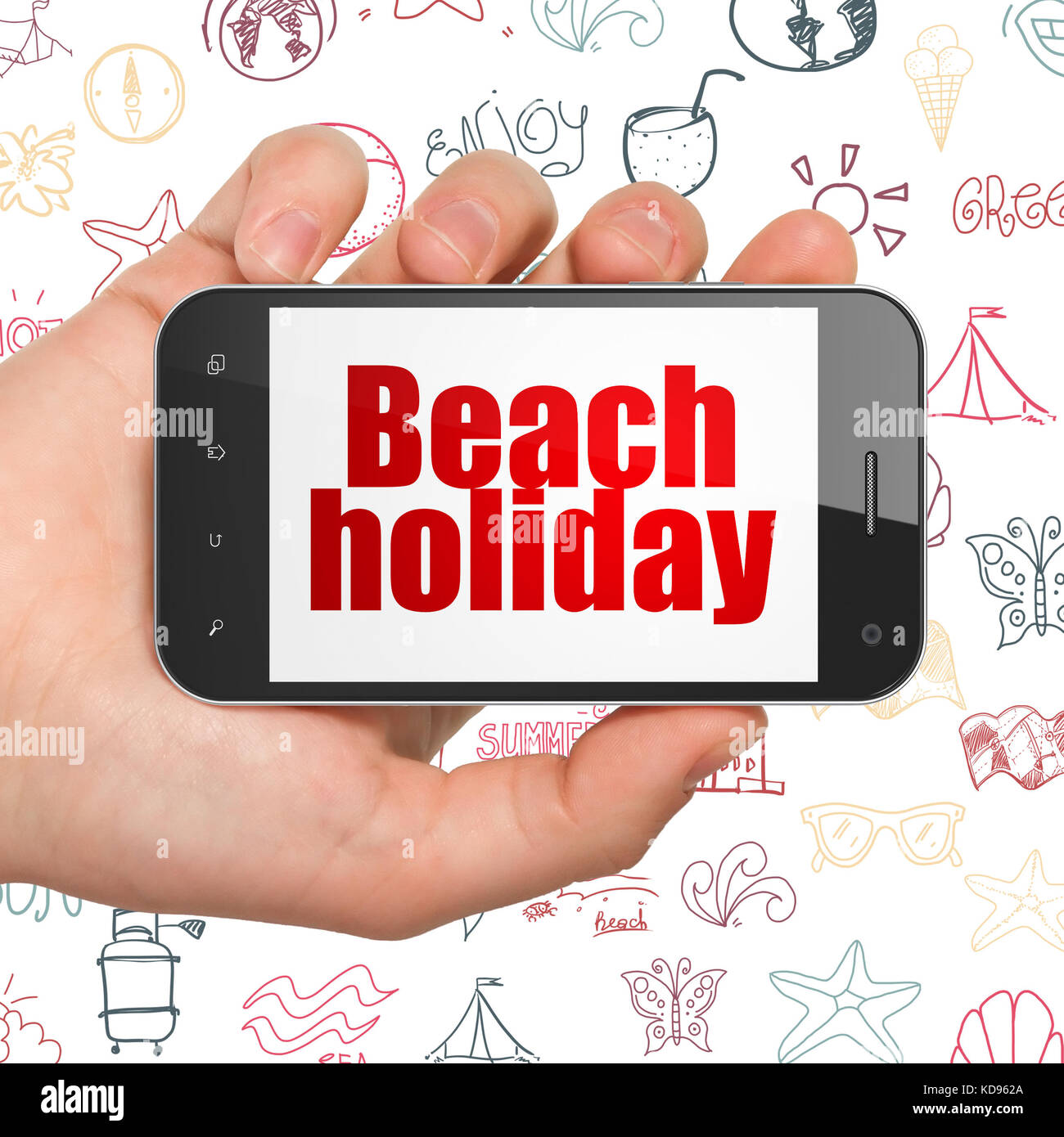 Travel concept: Hand Holding Smartphone with Beach Holiday on display ...