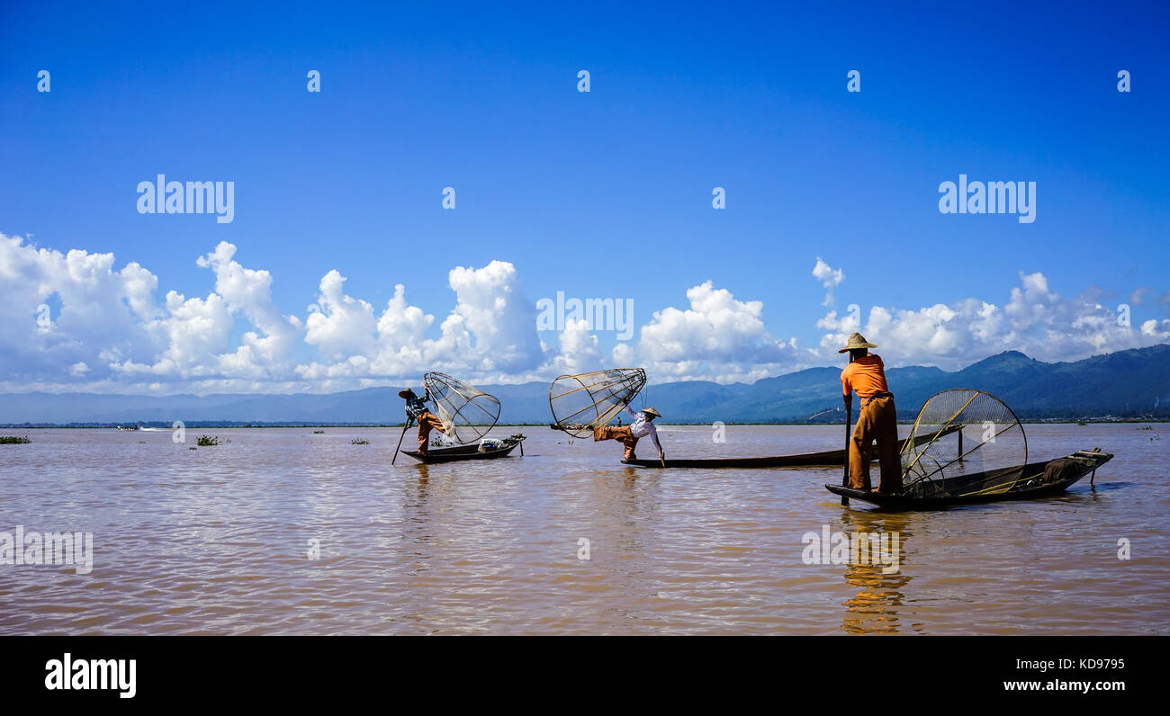 Inle, Myanmar - Oct 17, 2015. Intha people catch fish on Inle Lake ...