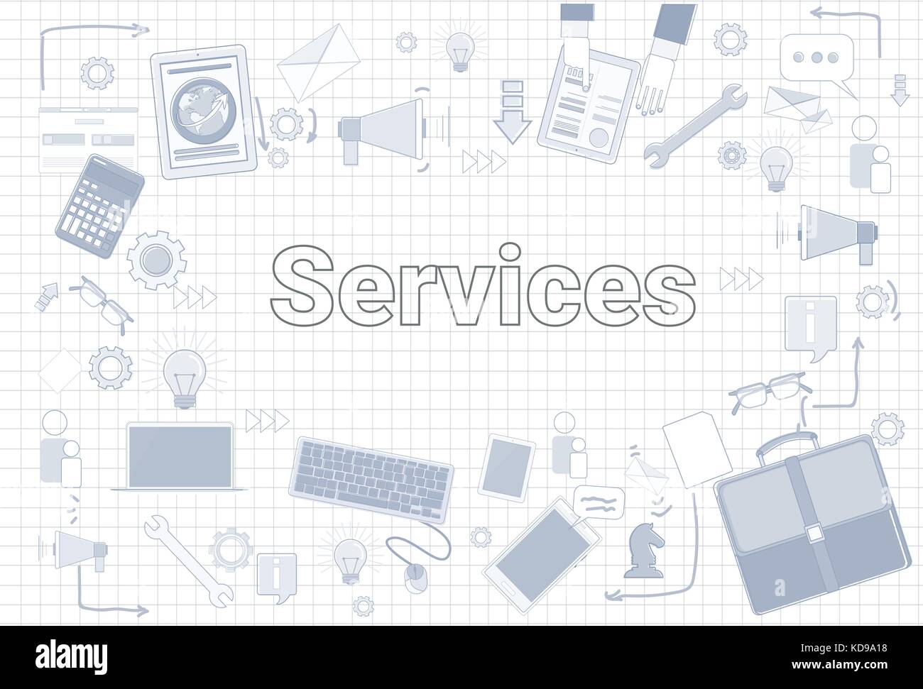 Services Word With Office Stuff Icons On Squared Background Customer ...