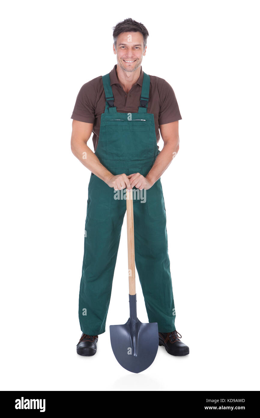 Portrait Of Cheerful Male Gardener With Shovel Over White Background ...