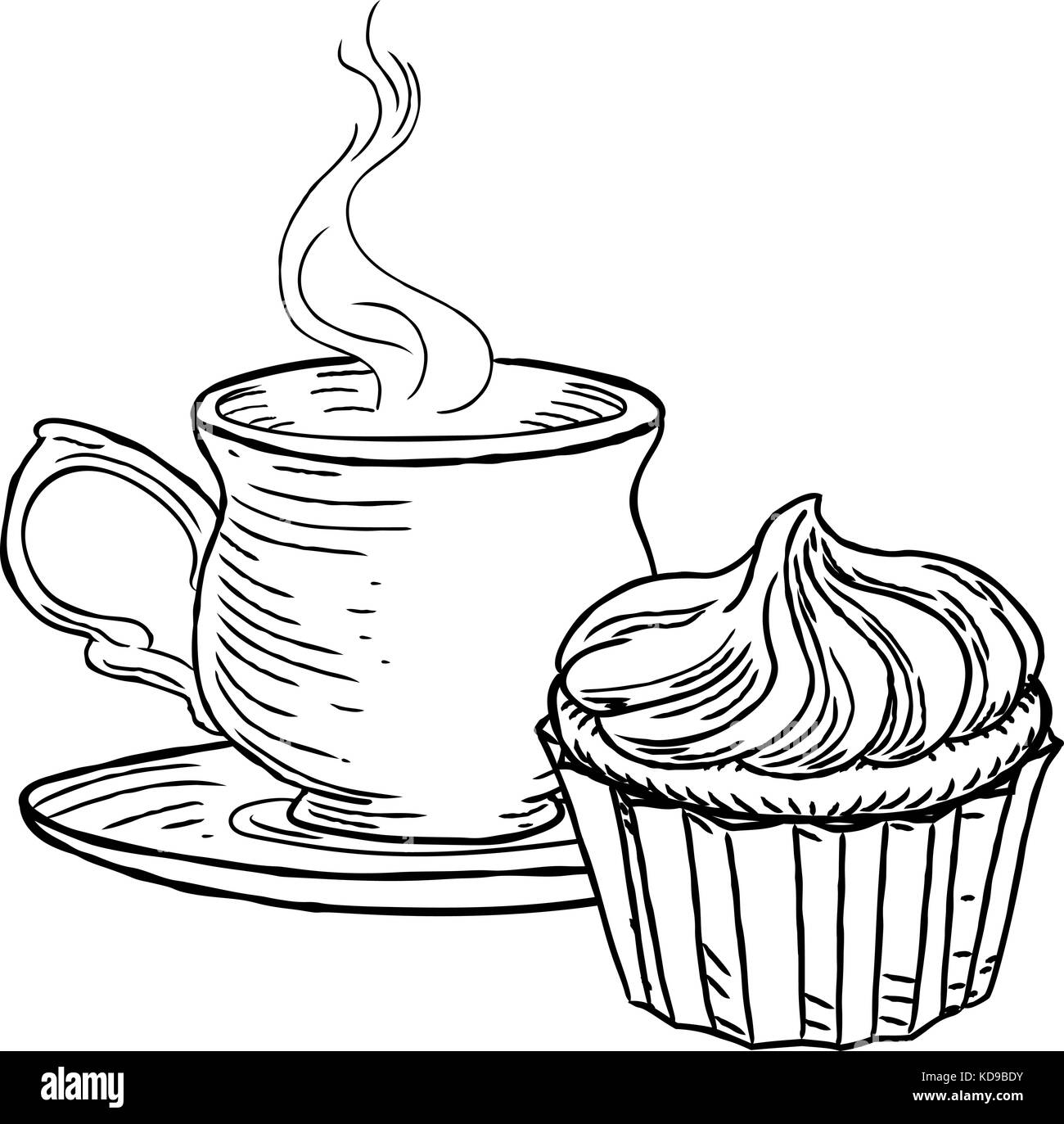 Black and white cup of tea and cake Stock Vector Images - Alamy