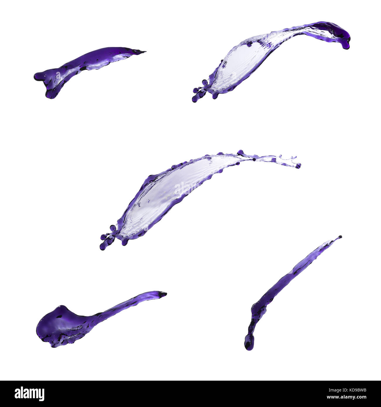 Beautiful collection of flying purple splashes and drops isolated over ...