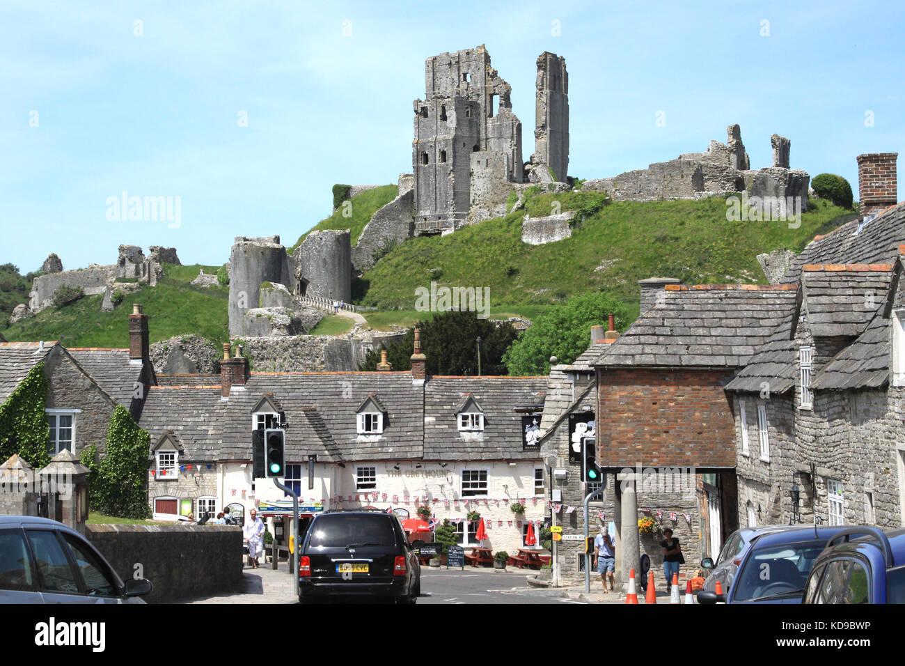Corfe Castle Village with Castle Stock Photo - Alamy