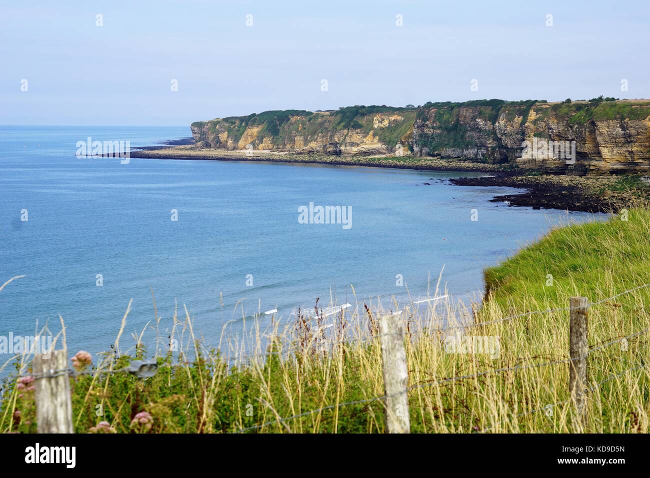 coastline/cliffs surrounded by grass, weeds & mud against a blue sky ...
