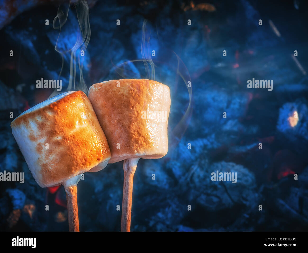 Two brown sweet marshmallows roasting over fire flames. Marshmallow on ...