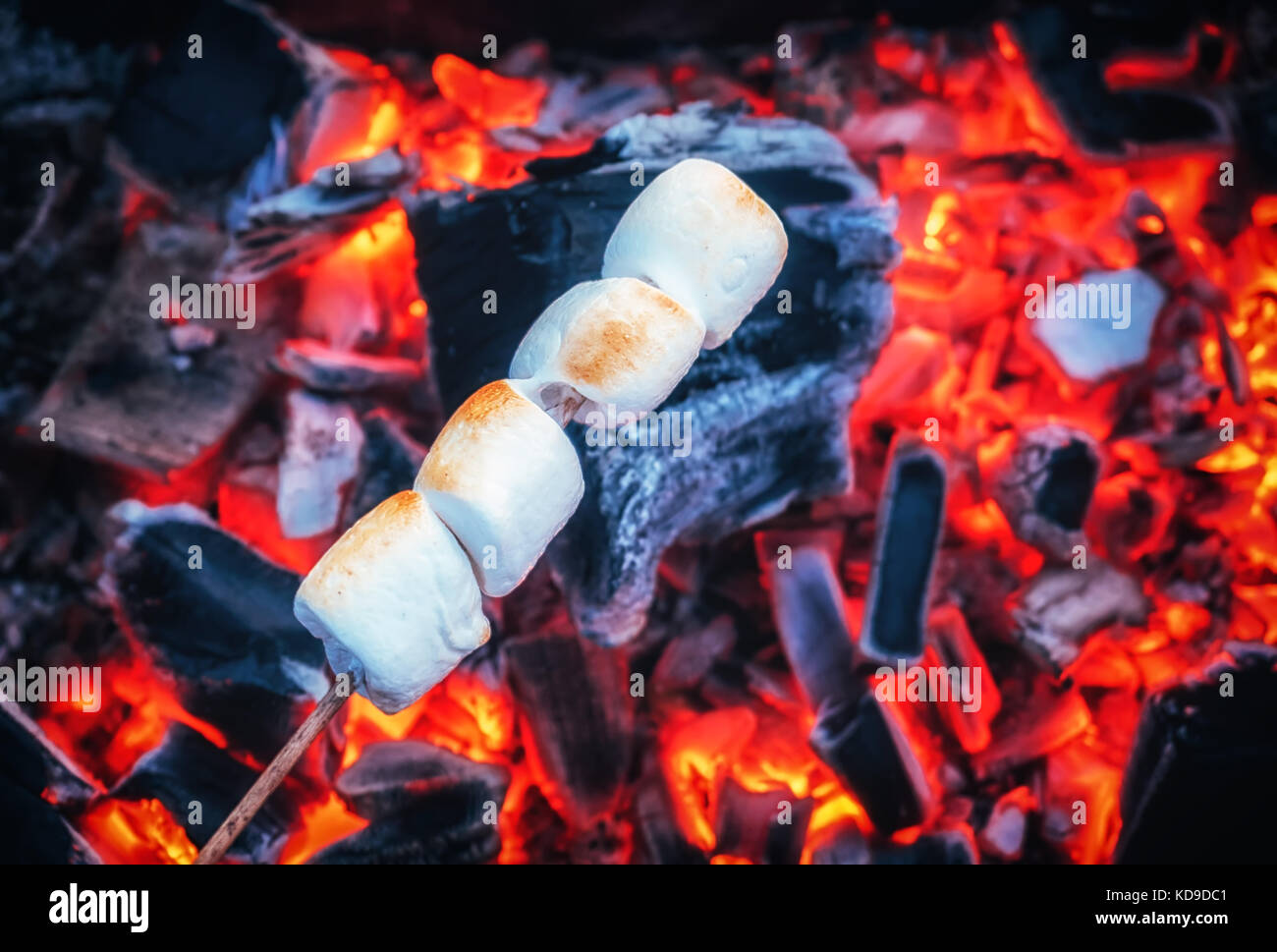 Set of sweet marshmallows roasting over red fire flames. Marshmallow on ...