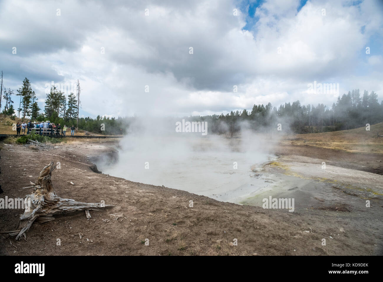 Visitors with a National Park Ranger at Mud volcano geo-thermal basin ...