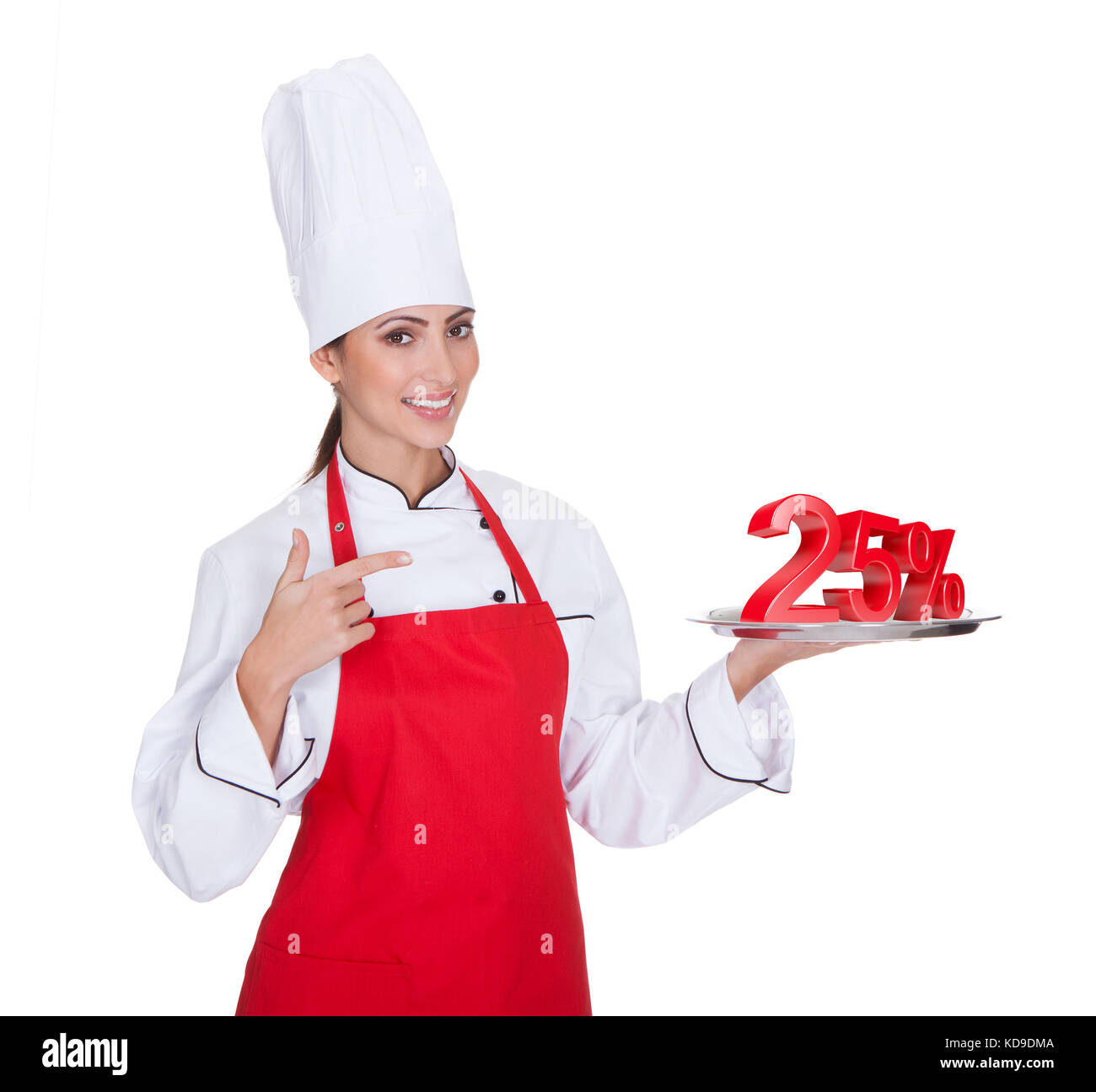 Female Chef Presenting Plate. Isolated On White Stock Photo - Alamy