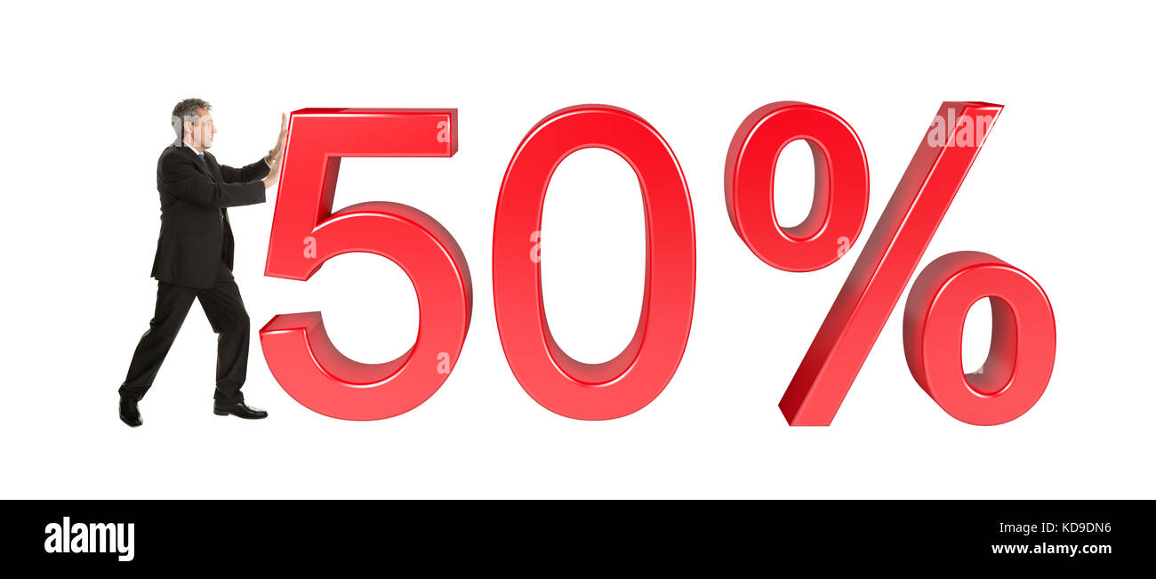 Businessman pushing 50% sale sign. Isolated on white background Stock ...