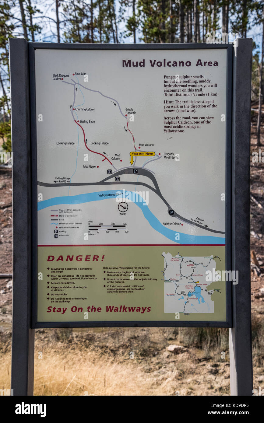 Mud volcano geo-thermal basin signboard at Yellowstone National Park ...