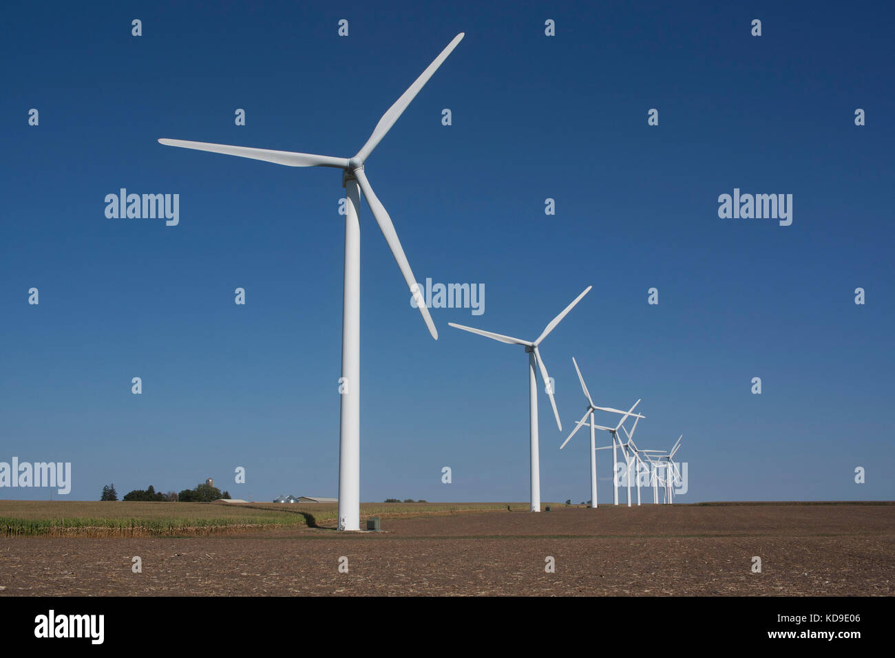 A wind farm of turbines crosses farm fields in Wisconsin with a clear ...
