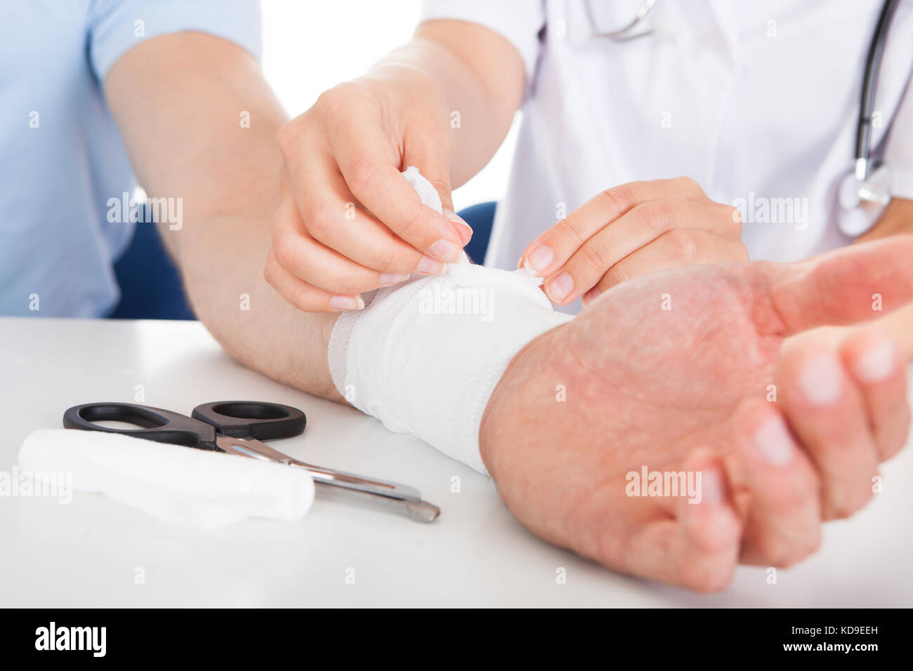 Close-up Of Female Doctor Bandaging Patient's Wrist Stock Photo - Alamy