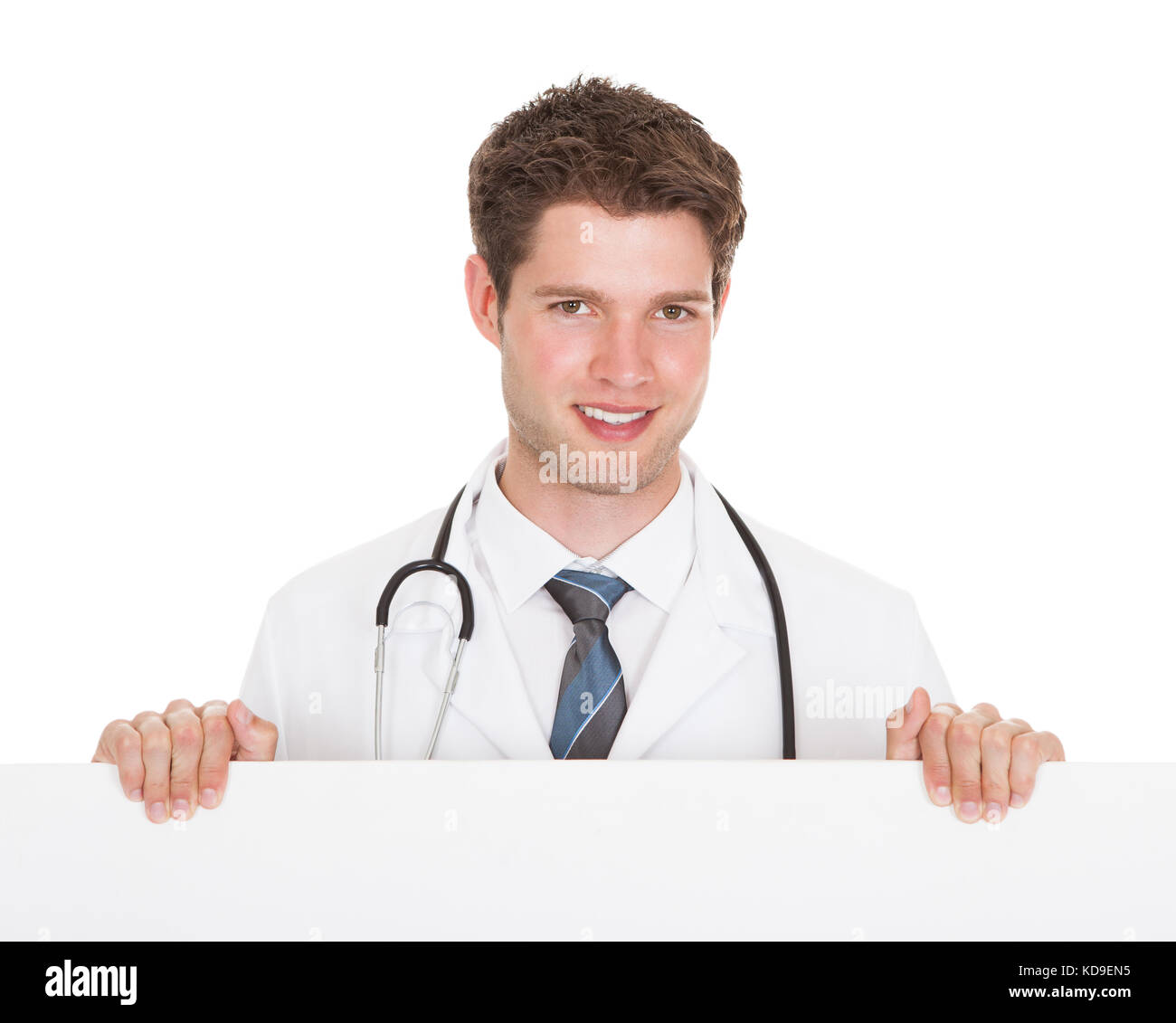 Portrait Of A Male Doctor With Empty Banner Stock Photo - Alamy
