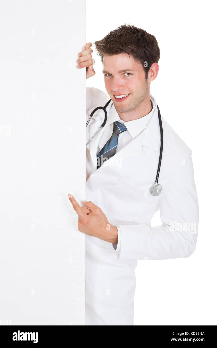 Portrait Of A Male Doctor With Empty Banner Stock Photo - Alamy