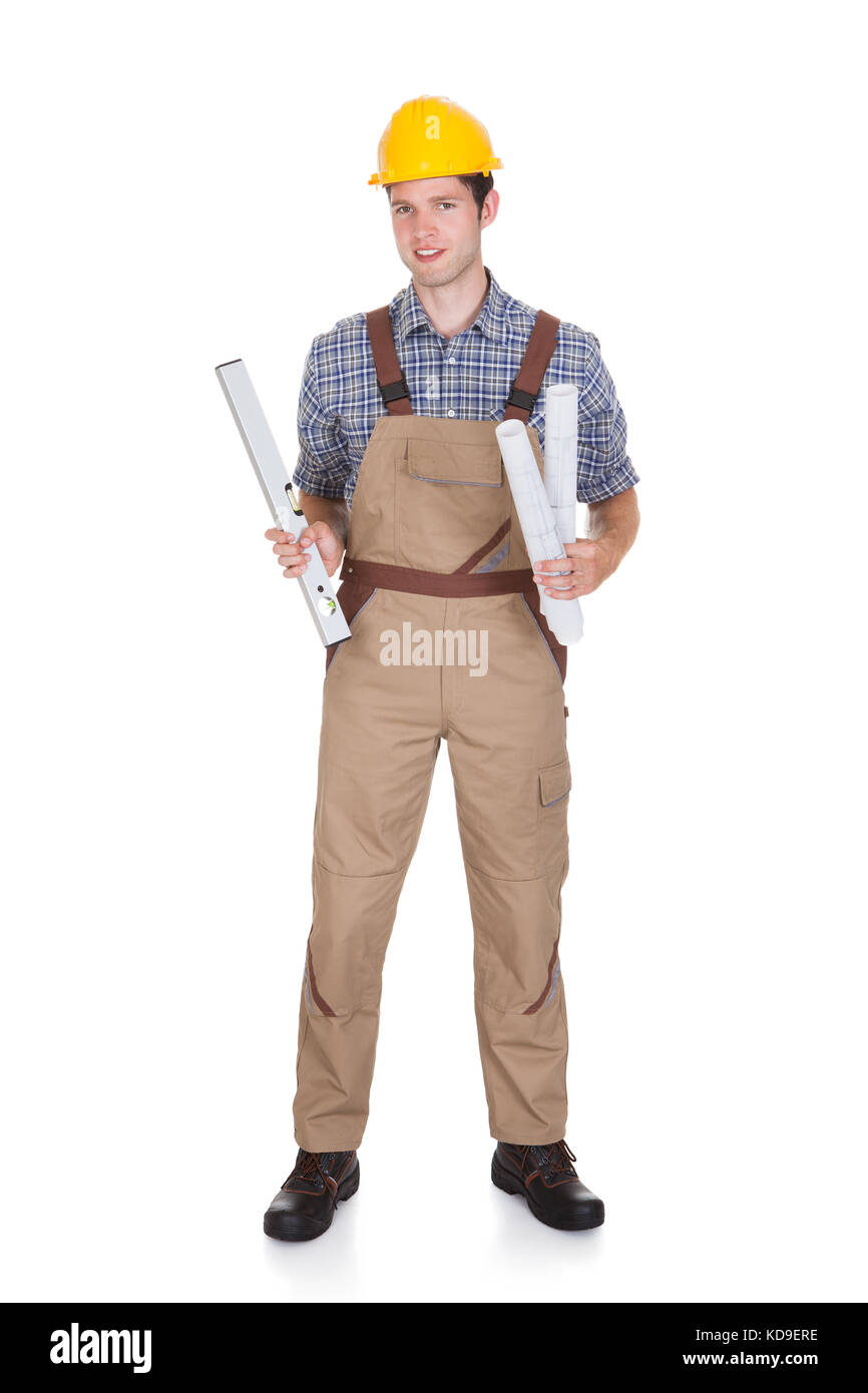 Portrait Of A Male Architect Holding Blueprints On White Background ...