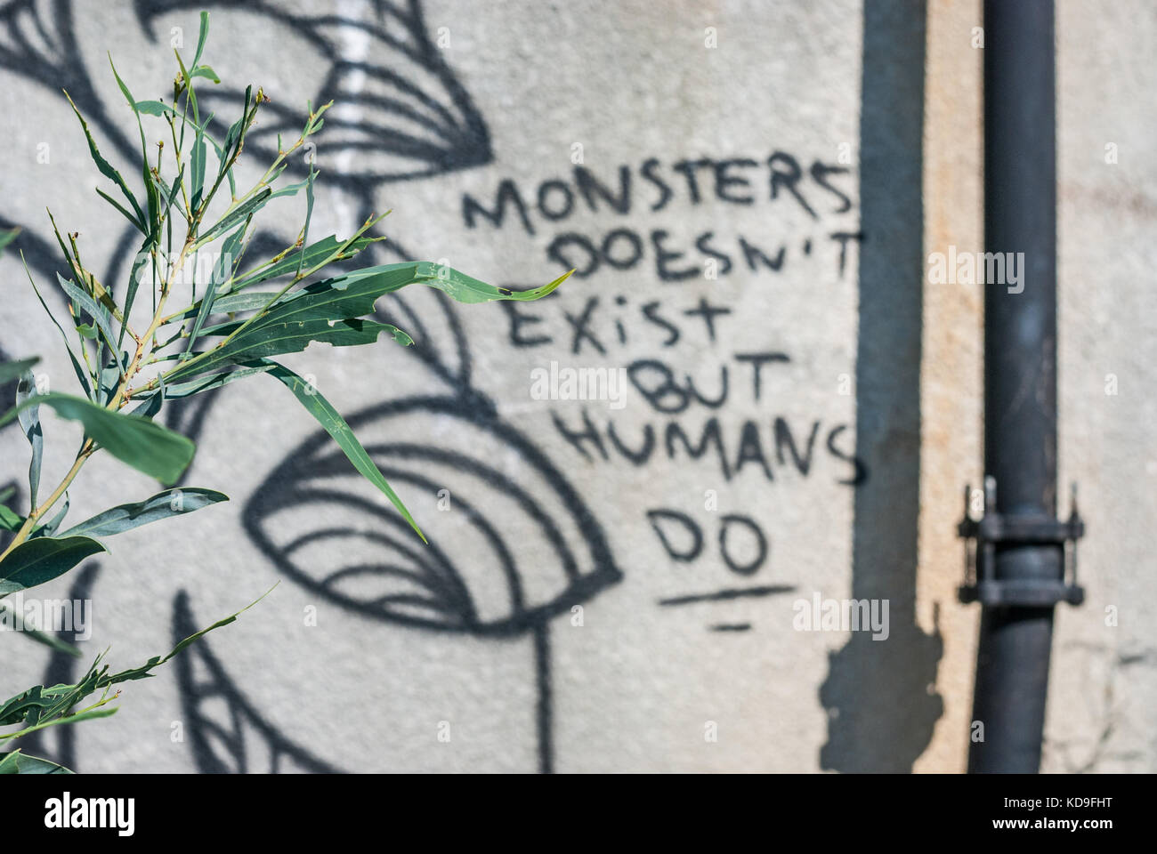 Writing on wall with green bush in foreground Stock Photo - Alamy