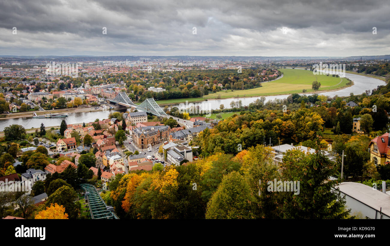 Cityscape from the Schwebebahn mountain station in Dresden Loschwitz ...