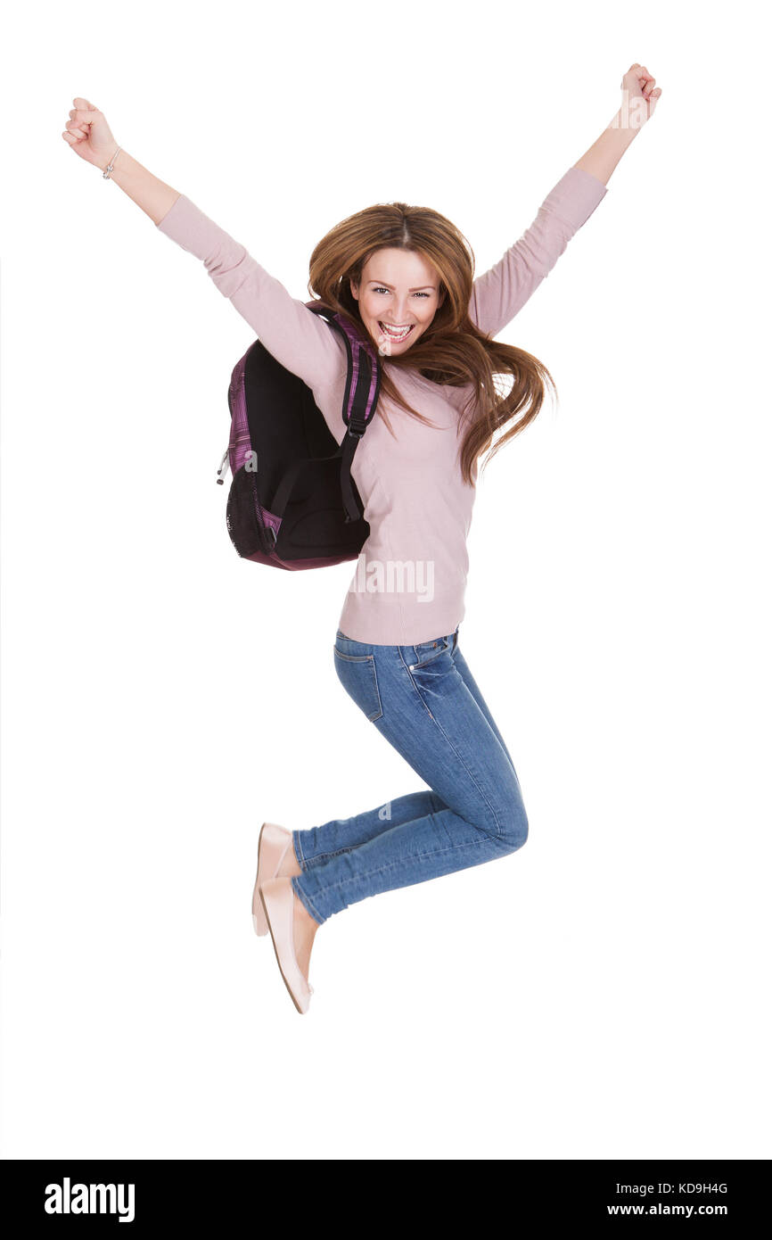 Portrait Of Happy Female Student Isolated Over White Background Stock ...