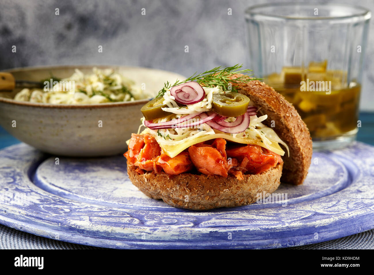 Honey barbecued pulled salmon burger Stock Photo - Alamy