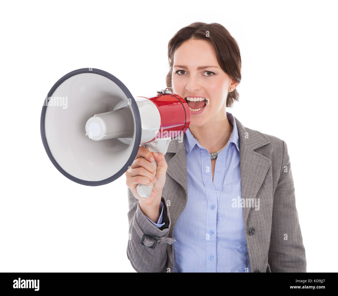 Young Businesswoman Shouting Through Megaphone On White Background ...