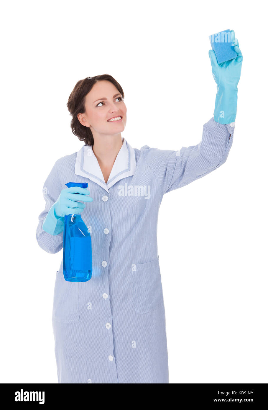 Smiling Woman In Uniform Holding Cleaning Liquid And Scrubber Over ...
