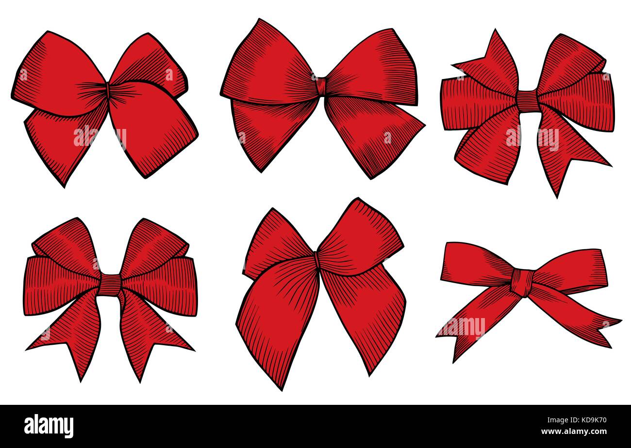 Red Ribbon set. Hand drawn engraving. Vector vintage illustration ...