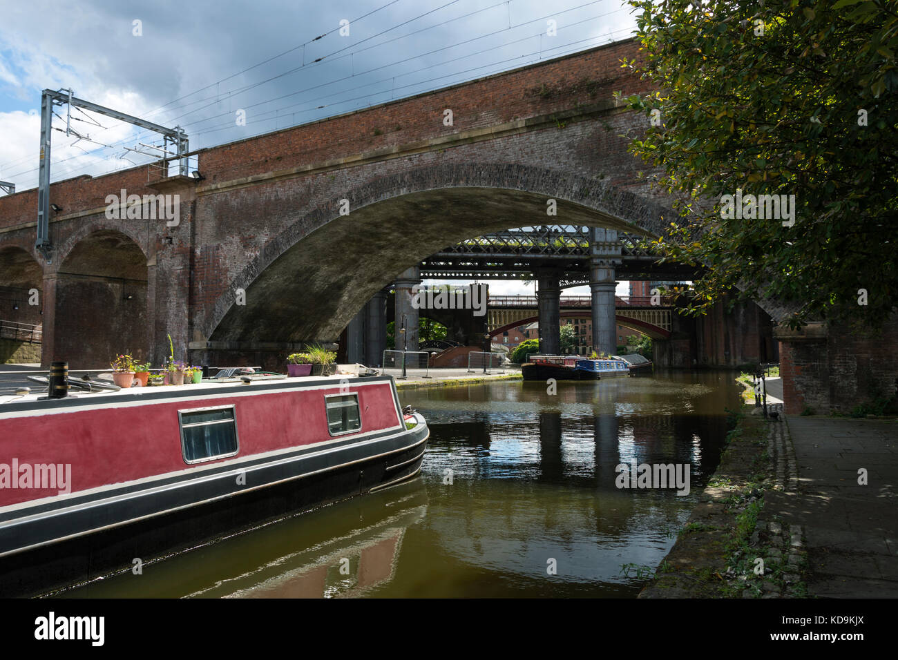 A narrowboat and Victorian railway bridges at Castlefield Basin on the ...