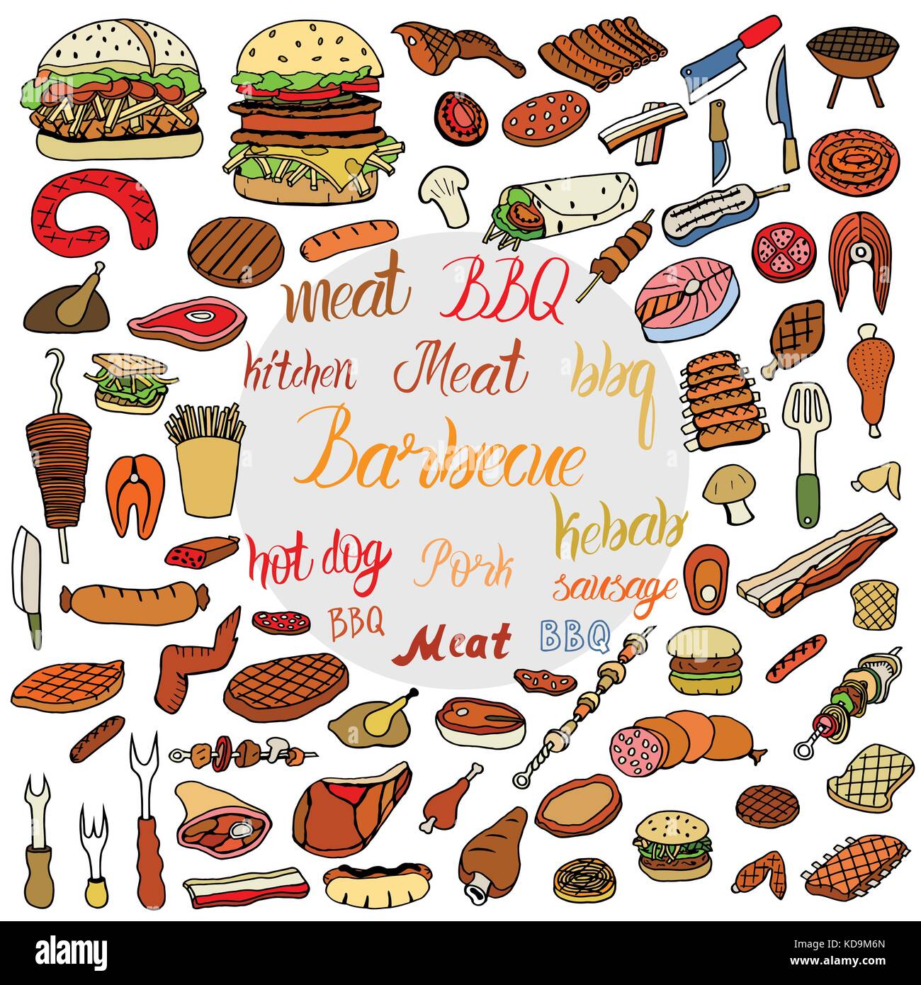 Bbq Grill Color Sketch Set. Hand Drawn Barbecue Collection Stock Vector ...