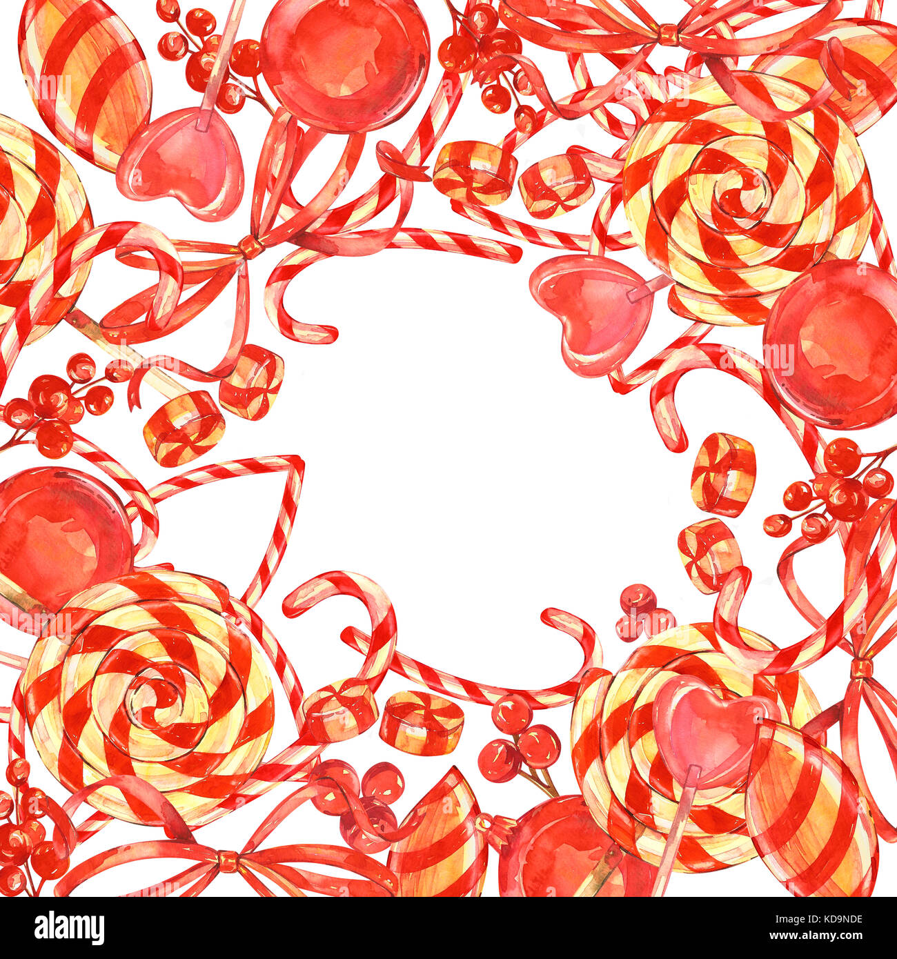 Watercolor sweets card. New year lollipop border with decor for design ...