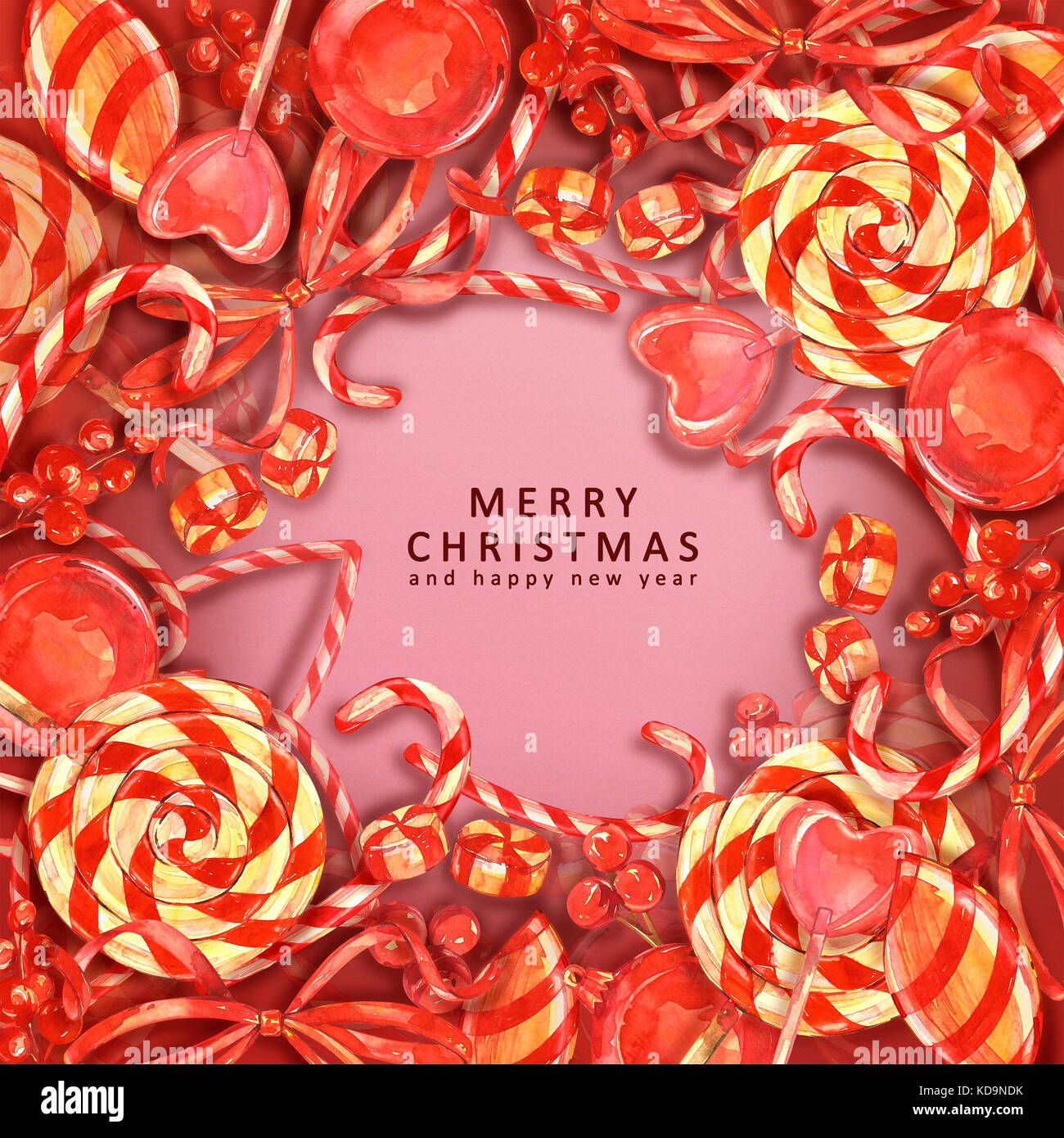 Watercolor sweets card. New year lollipop border with decor for design ...