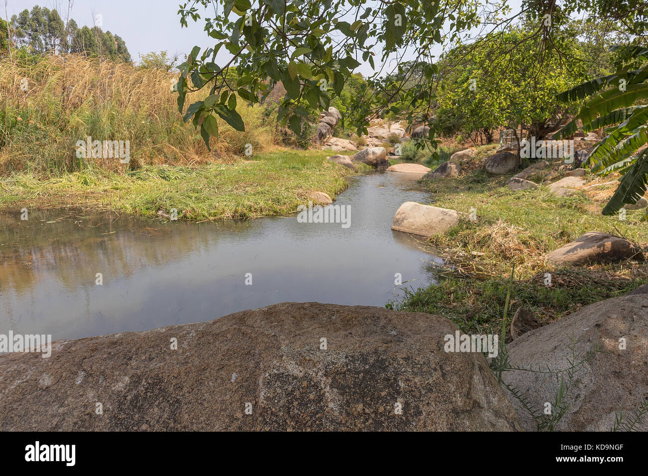 fluent river with rocks and vegetation in Africa. Lubango. Angola Stock ...