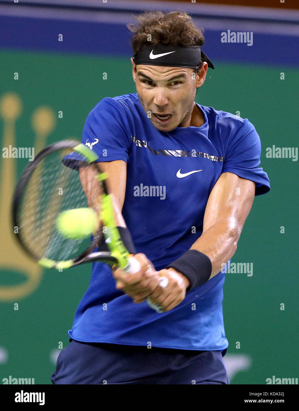 Shanghai, China. 12th Oct, 2017. Rafael Nadal of Spain hits a return ...
