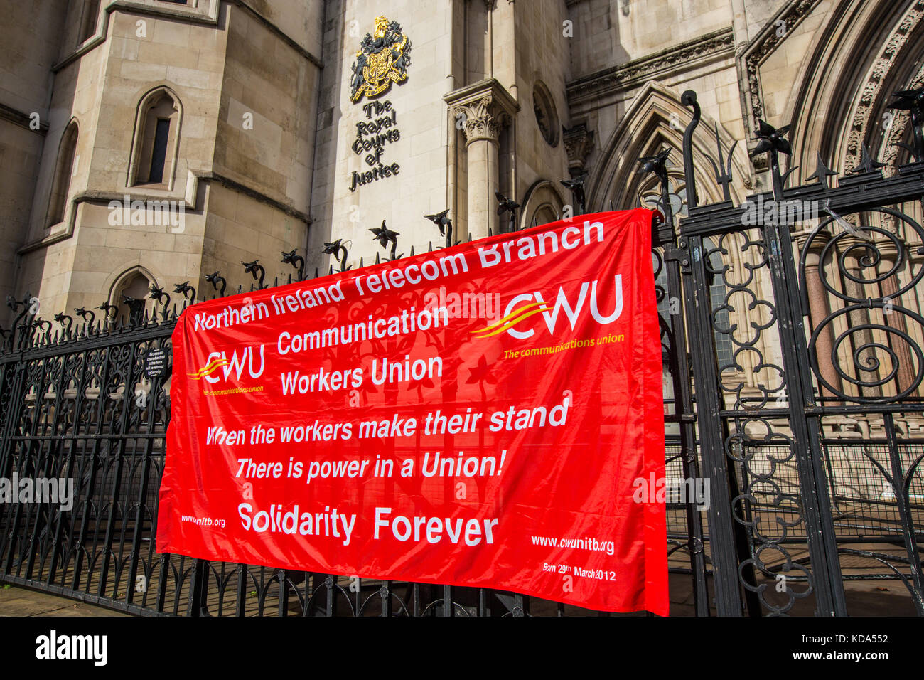 London, UK. 12 October 2017. Union banners outside of the High Court ...
