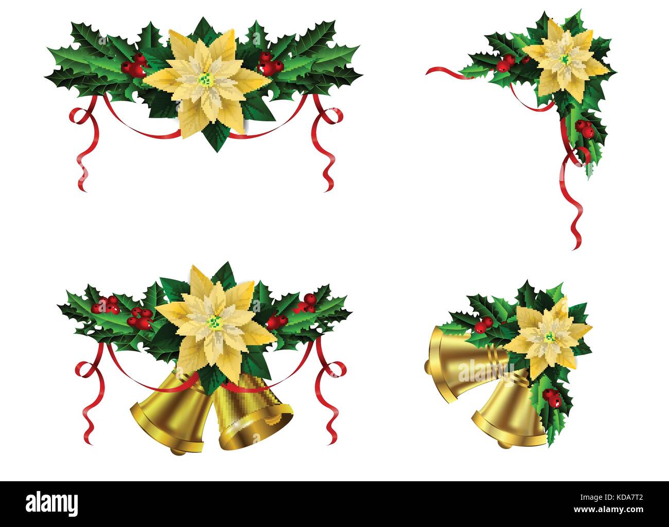Christmas decoration set with evergreen trees holly poinsettia and ...