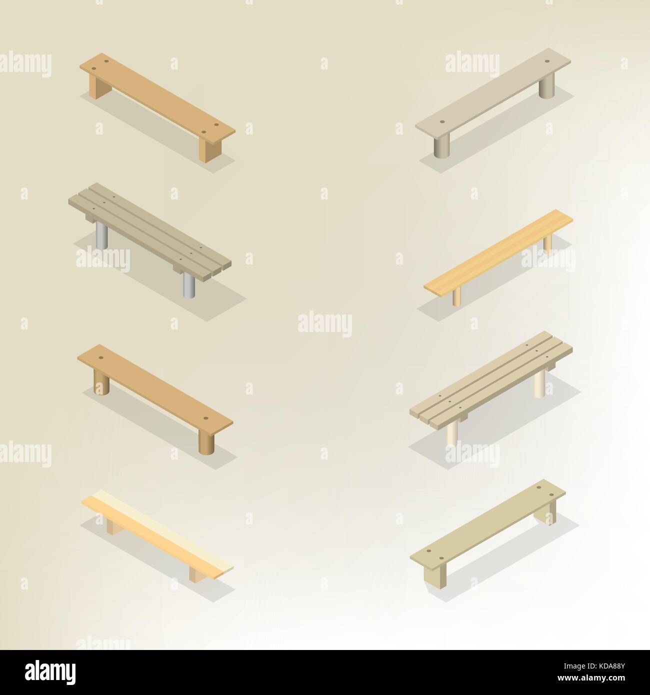 Set of wooden benches of different shapes, isolated on white background ...